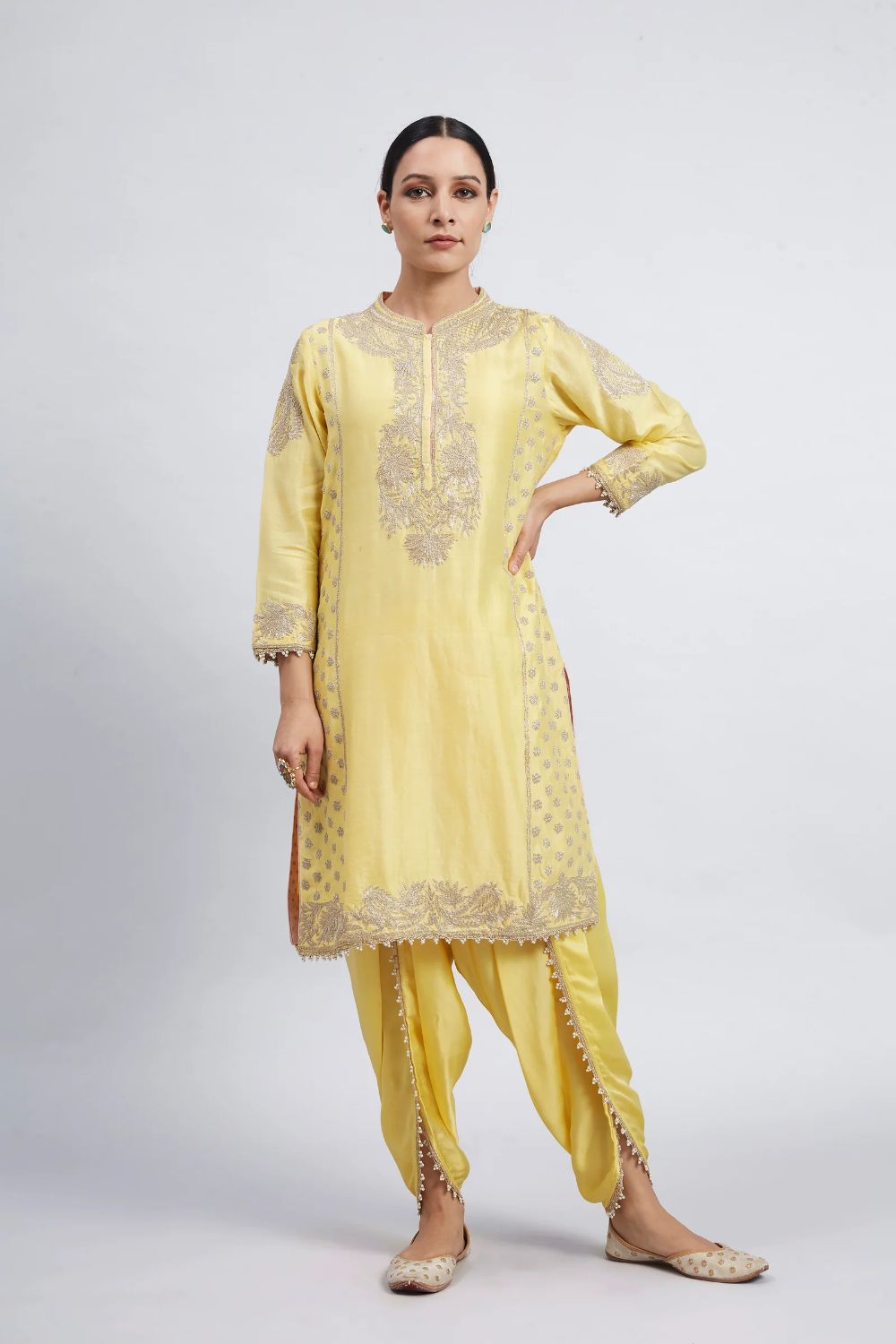 Buy Aabish Short kurta with dhoti-Daffodil yellow from C&W | Kurta ...