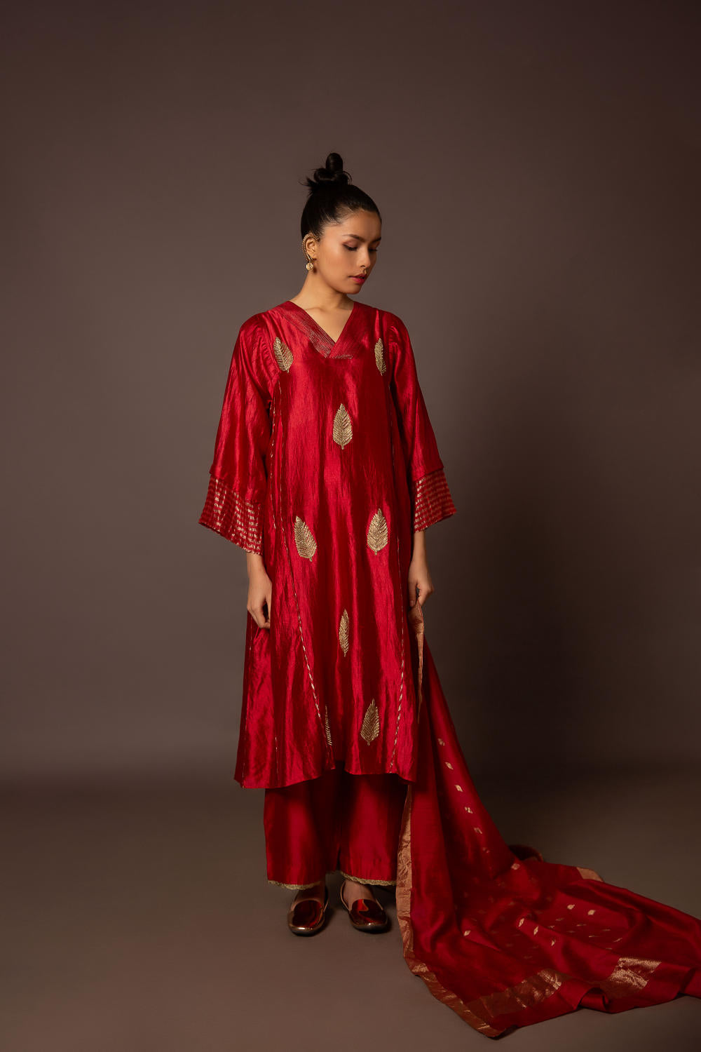 Buy Red Dupion silk pitta work set from C&W | Kurta/Kurta Sets for Women